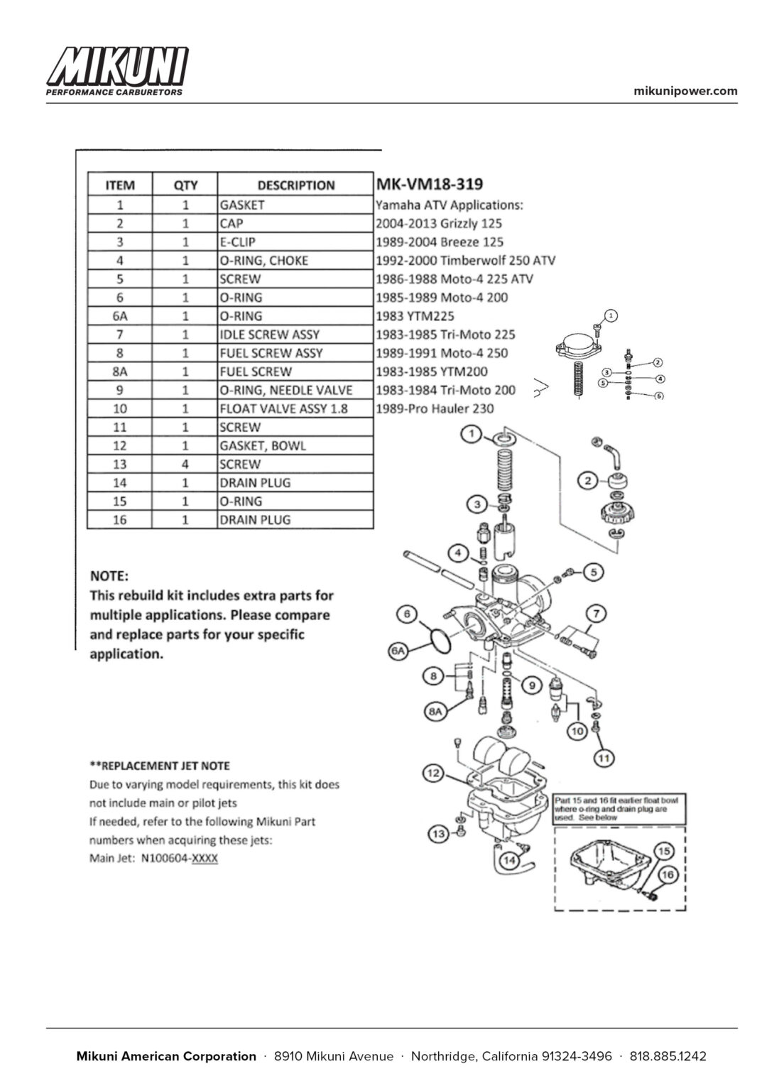 Mikuni Carburetor Rebuild Kit for Yamaha ATVs with Mikuni VM18 ...