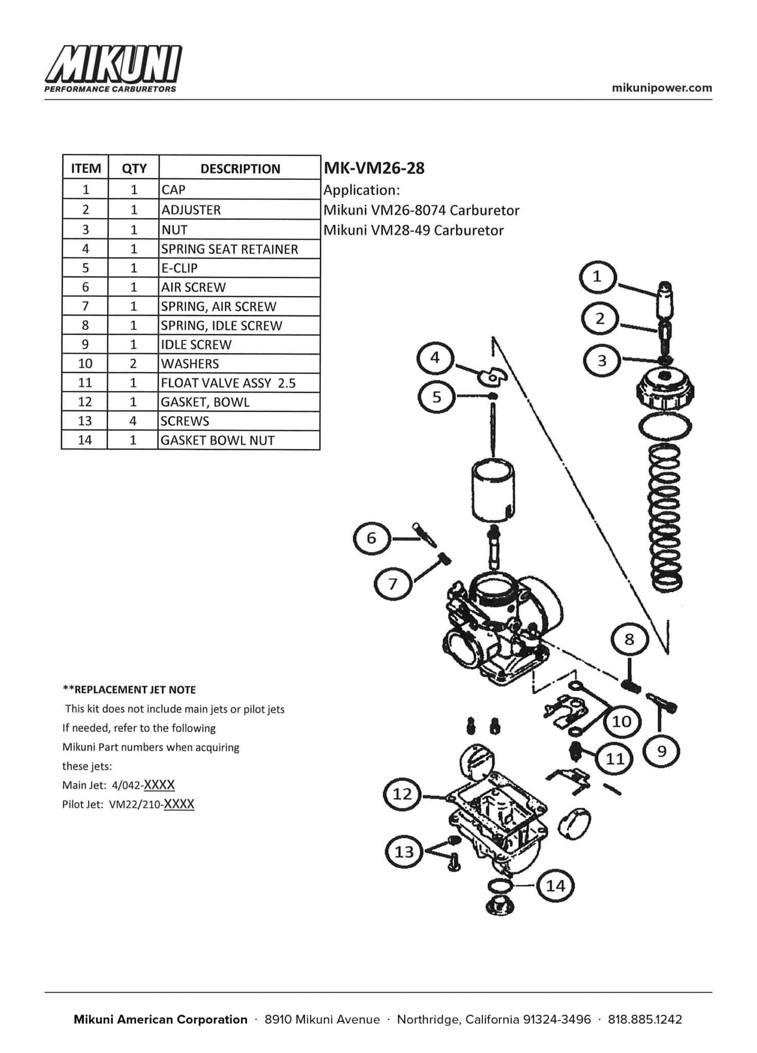 Mikuni Carburetor Rebuild Kit for Mikuni VM26-8074 and VM28-49 Carburetors - Mikuni Power