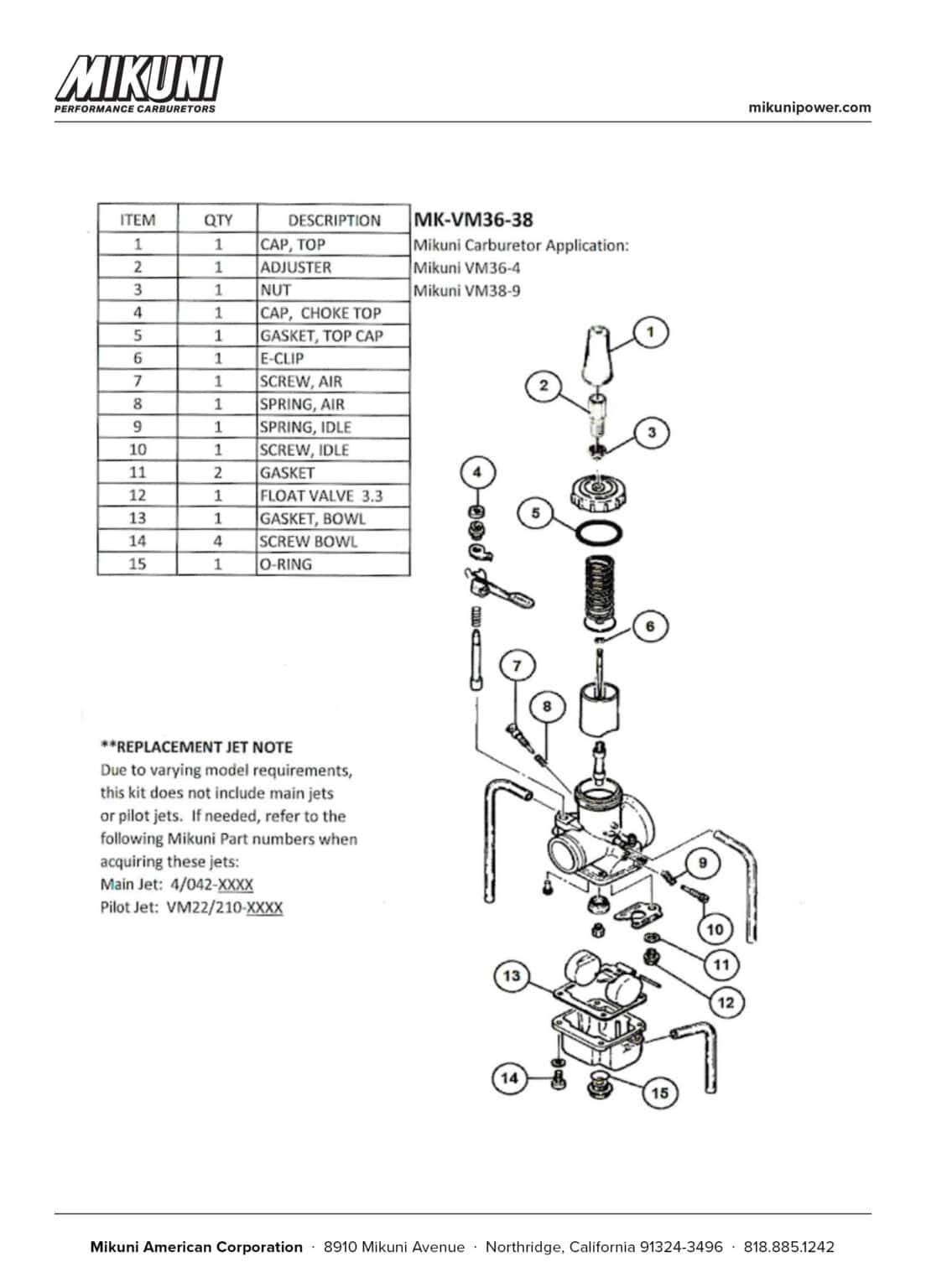 Mikuni Carburetor Rebuild Kit for Mikuni VM36-4 & VM38-9 Carburetors ...